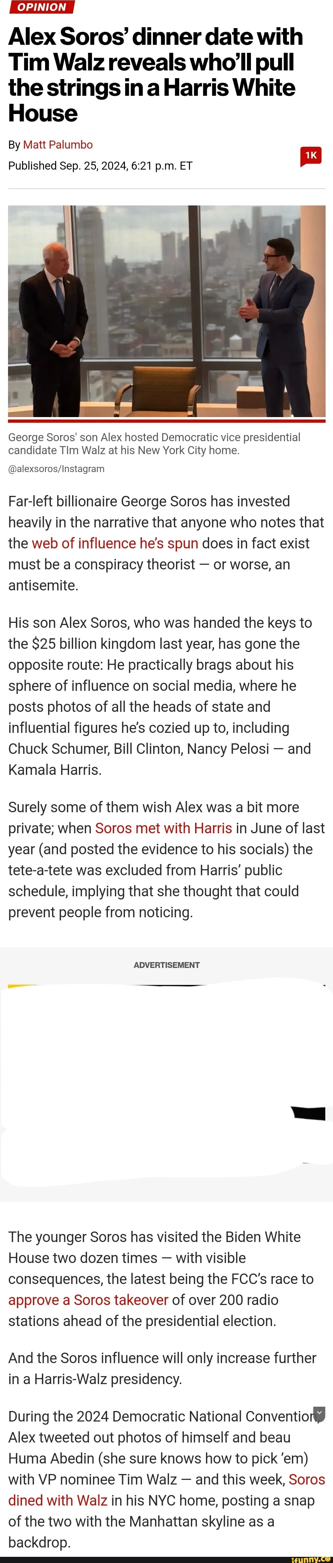 OPINION Alex Soros' dinner date with Tim Walz reveals who'll pull the ...