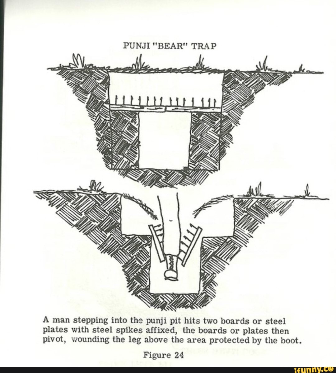 PUNJI "BEAR" TRAP A man stepping into the punji pit hits two boards or ...