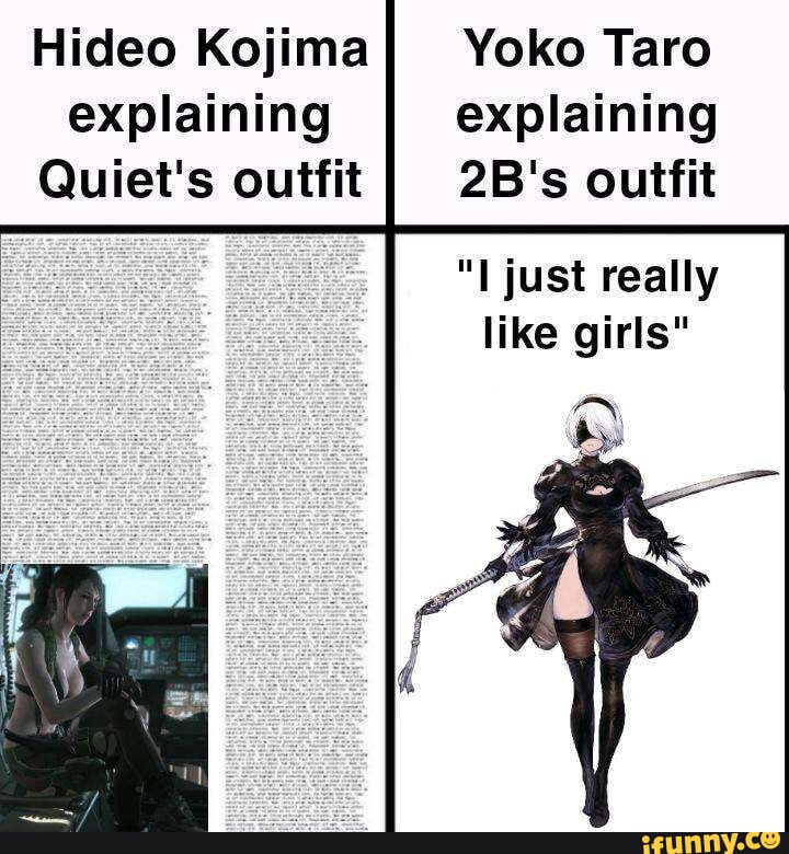 Hideo KojimaI Yoko Taro explaining explaining 2B's outfit Quiet's ...