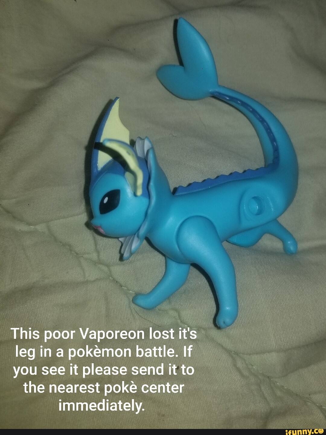 This poor Vaporeon lost it's leg in a pokemon battle. If you see it ...