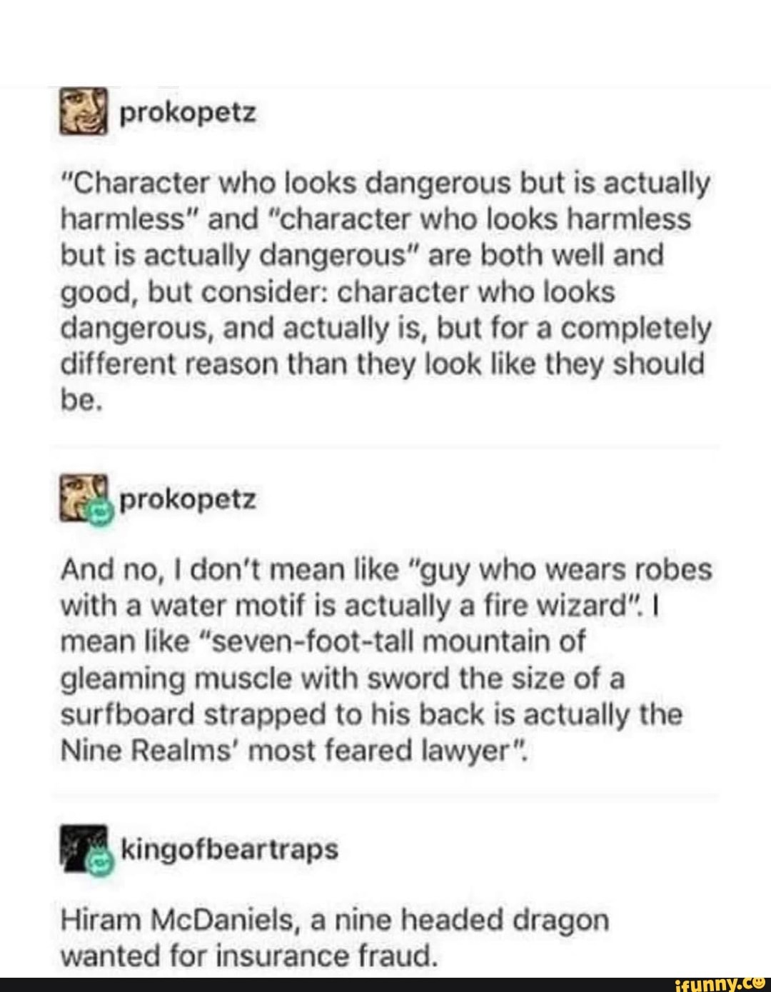 "Character who looks dangerous but is actually harmless" and "character ...