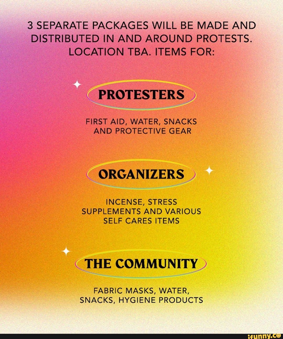 3 SEPARATE PACKAGES WILL BE MADE AND DISTRIBUTED IN AND AROUND PROTESTS ...