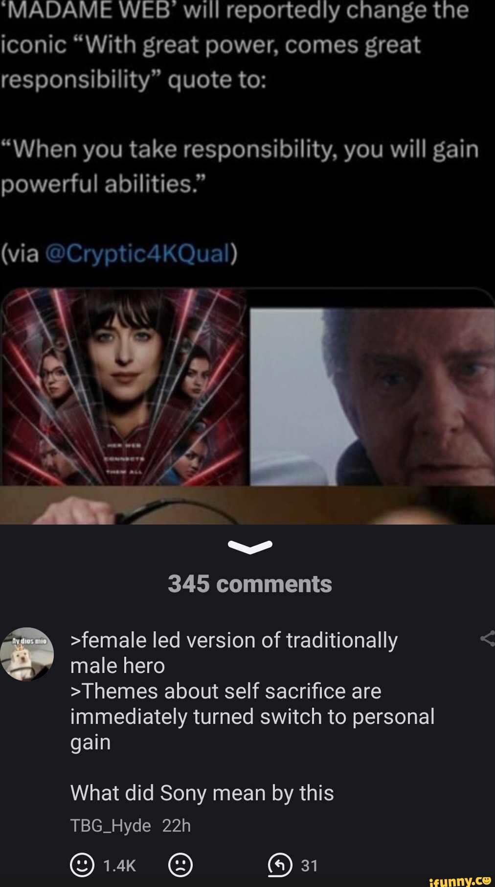 "MADAME WEB' will reportedly change the iconic "With great power, comes ...