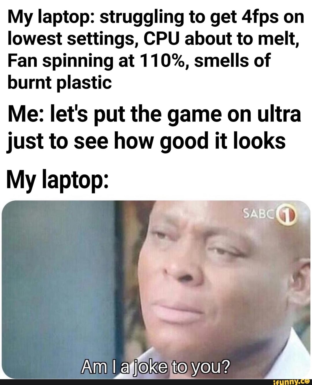 My laptop: struggling to get 4fps on lowest settings, CPU about to melt ...