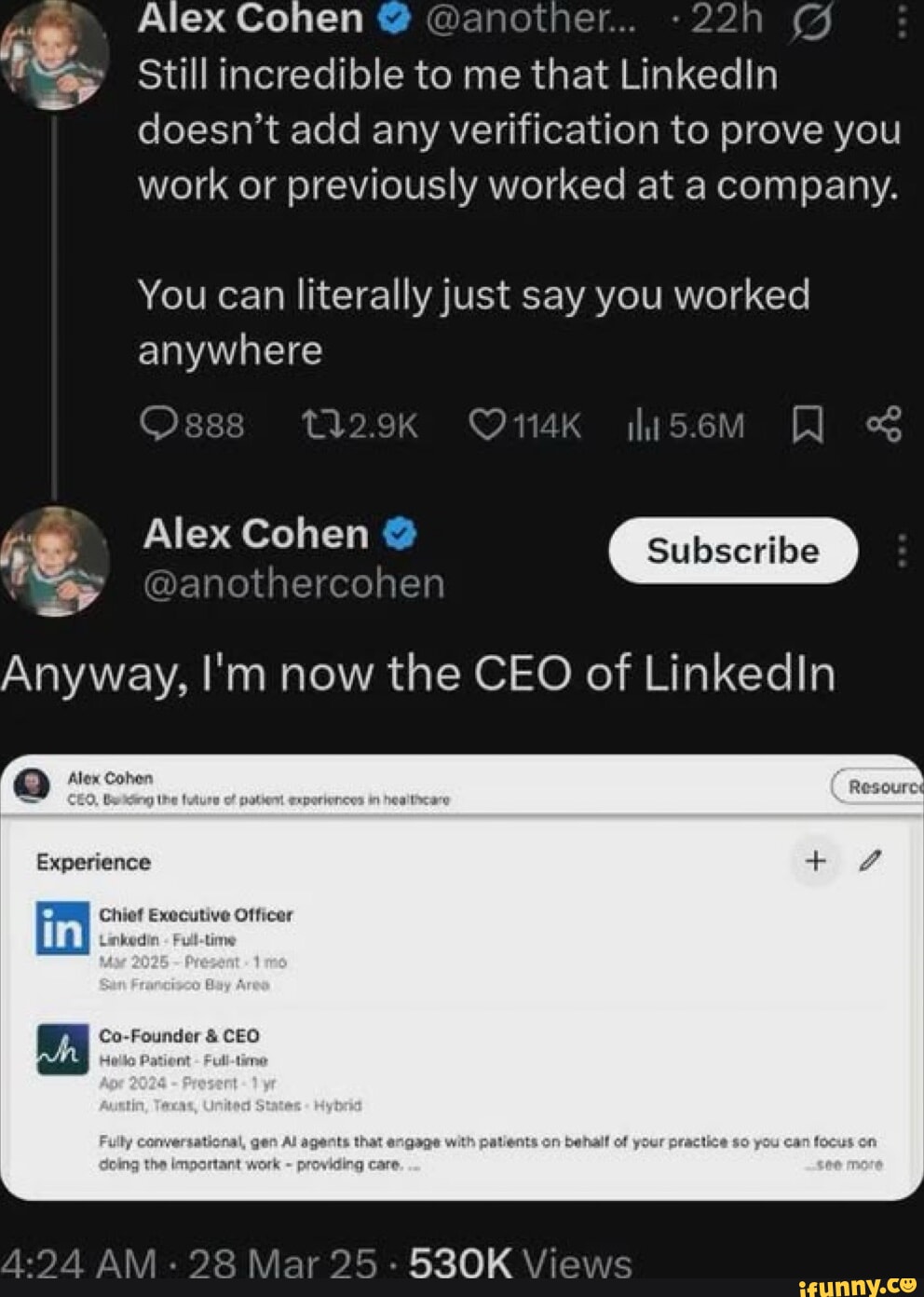 Alex Cohen @ @another... Still incredible to me that LinkedIn doesn't ...