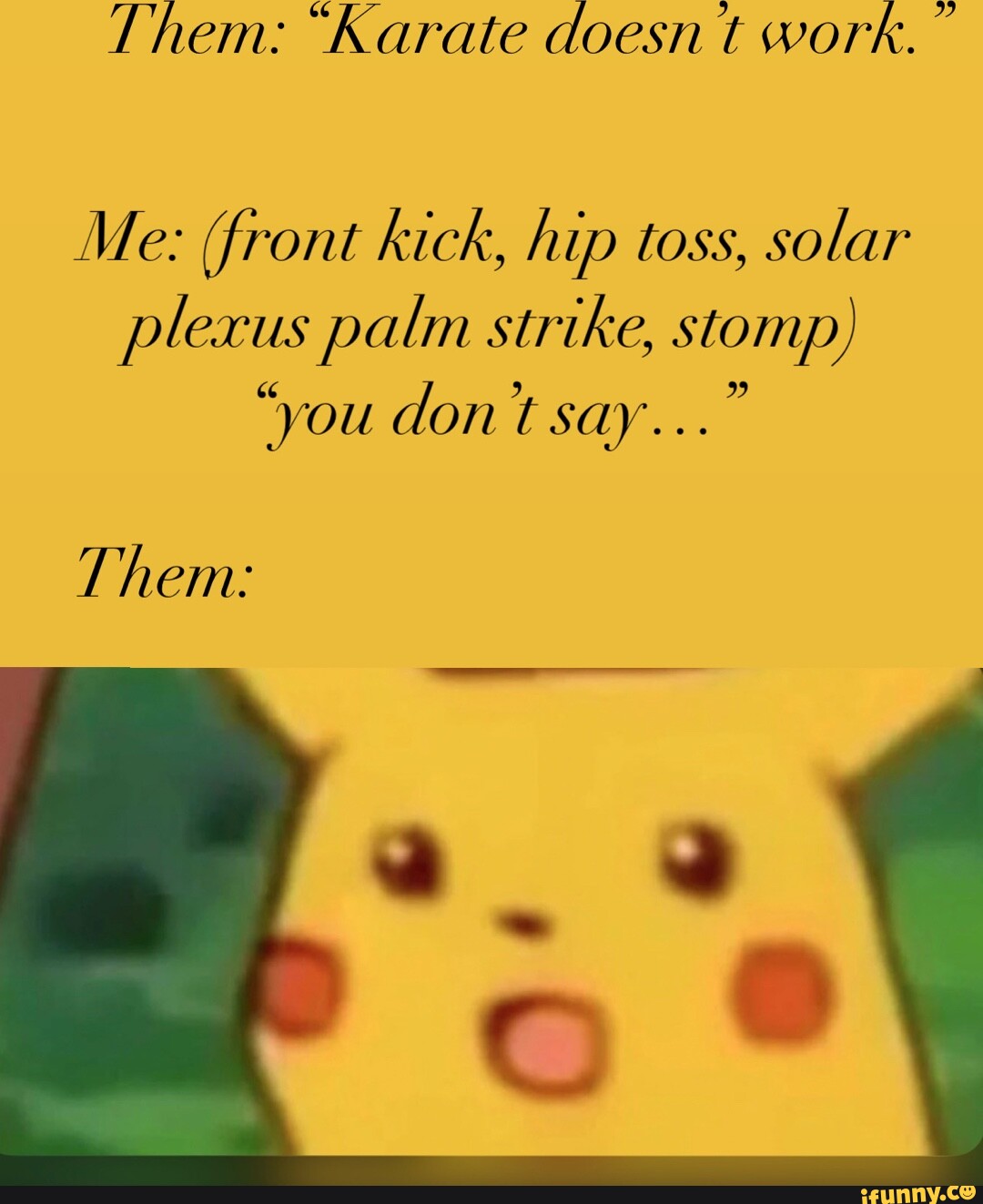 Them: "Karate doesn t work. Me: (front kick, hip toss, solar plexus ...