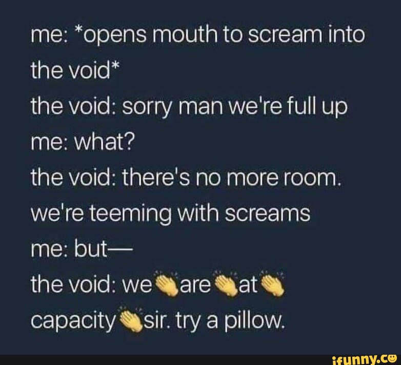 Me: *opens mouth to scream into the void* the void: sorry man we're full up me: what? the void ...