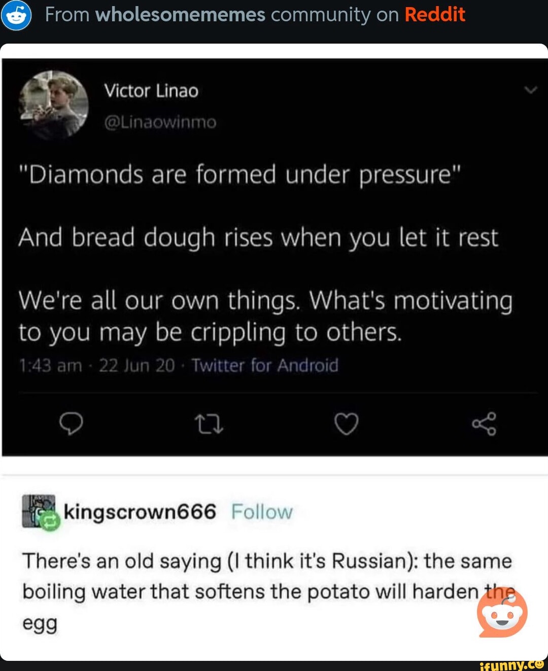From wholesomememes community on Victor Linao "Diamonds are formed ...