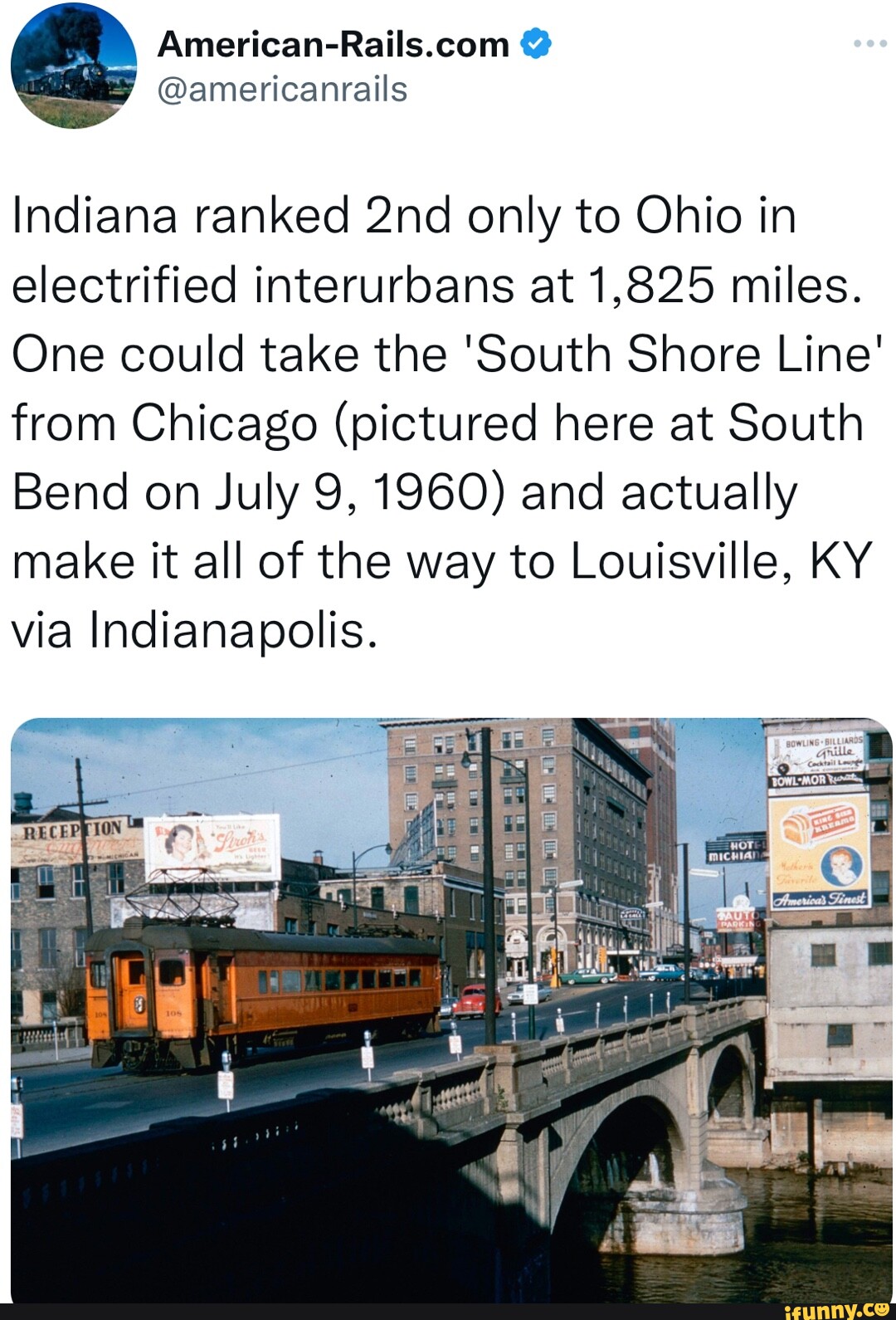 Indiana ranked only to Ohio in electrified interurbans at 1,825 miles ...