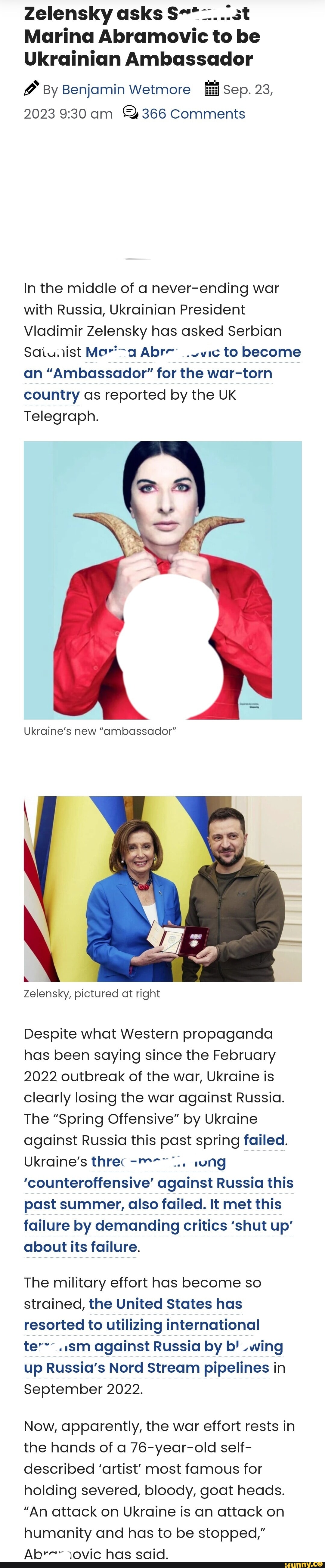 Zelensky asks S~* ~...st Marina Abramovic to be Ukrainian Ambassador oo ...