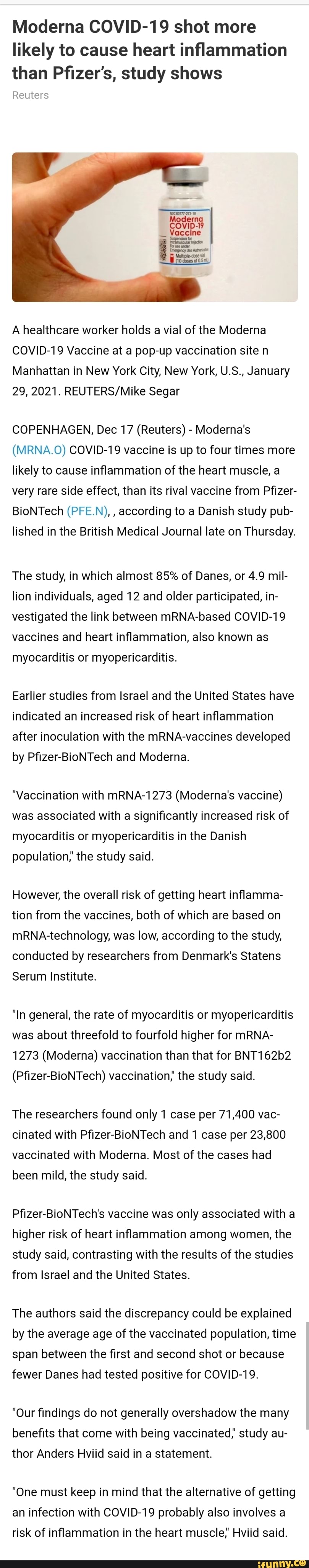 Moderna COVID-19 shot more likely to cause heart inflammation than ...