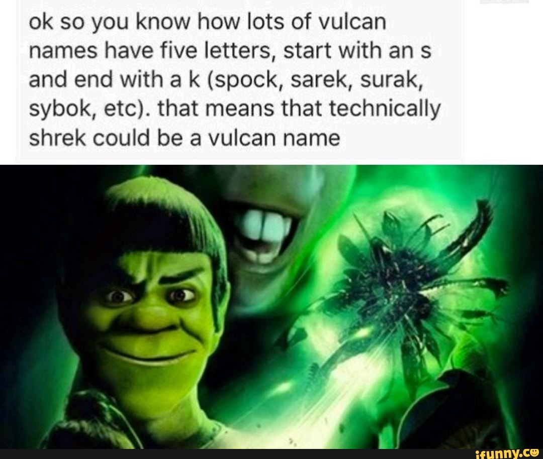 Ok so you know how lots of vulcan names have five letters, start with ...