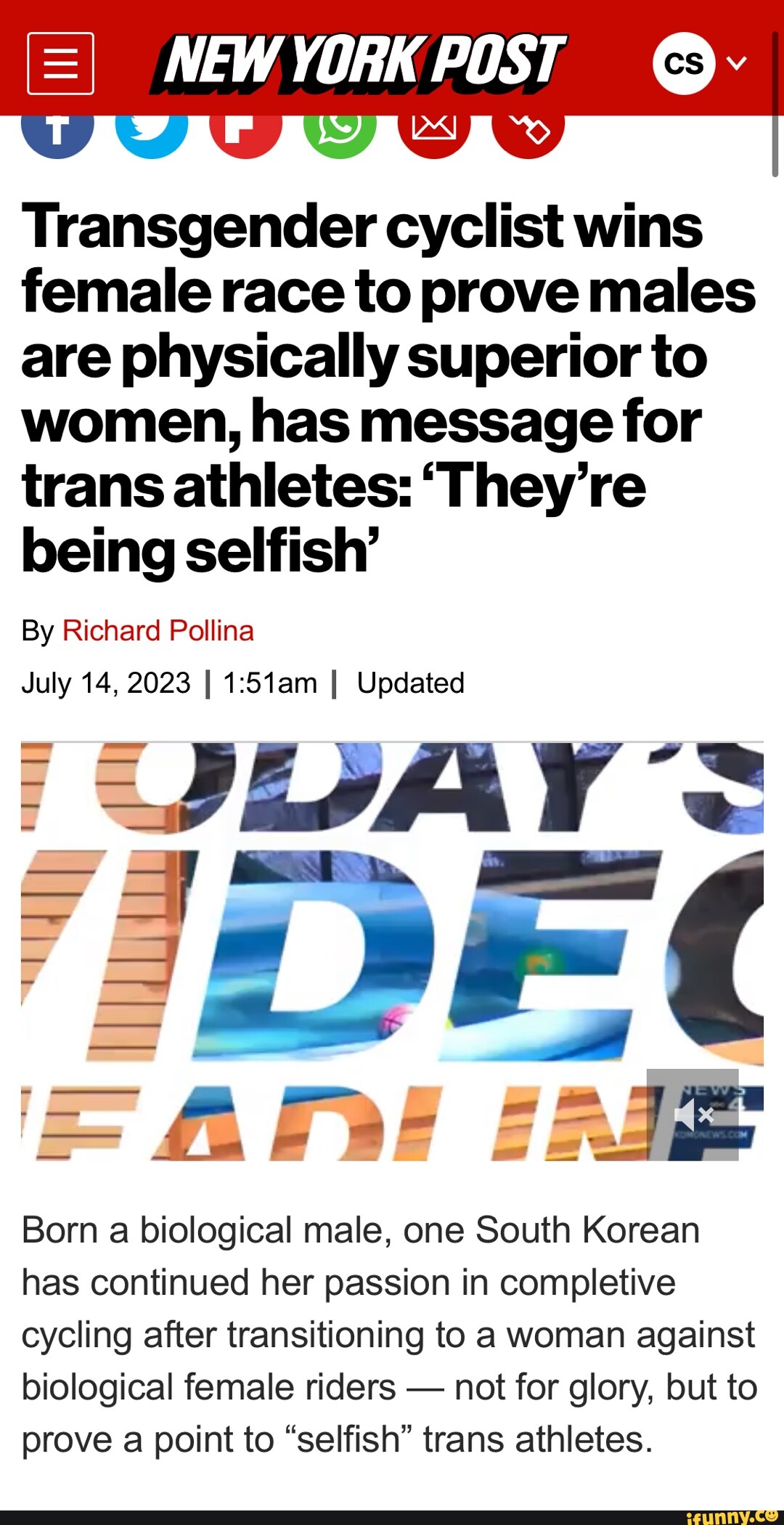 Transgender cyclist wins female race to prove males are physically ...