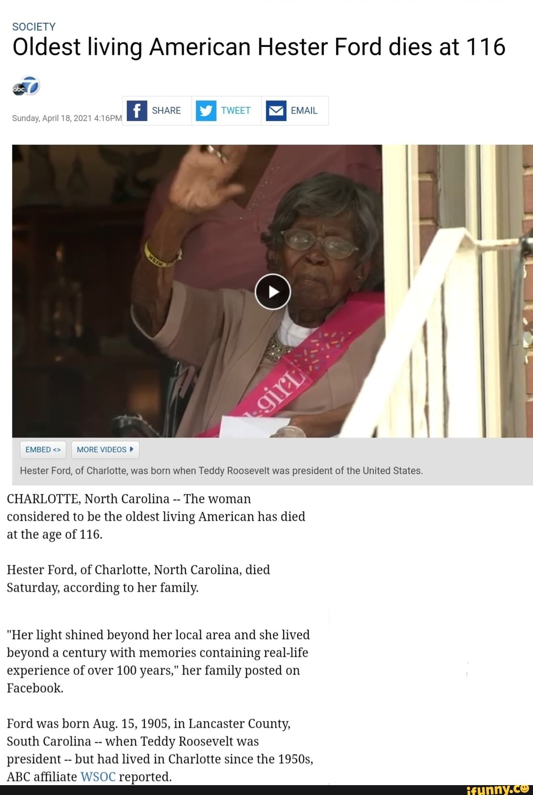 SOCIETY Oldest living American Hester Ford dies at 116 I SHARE I TWEET ...
