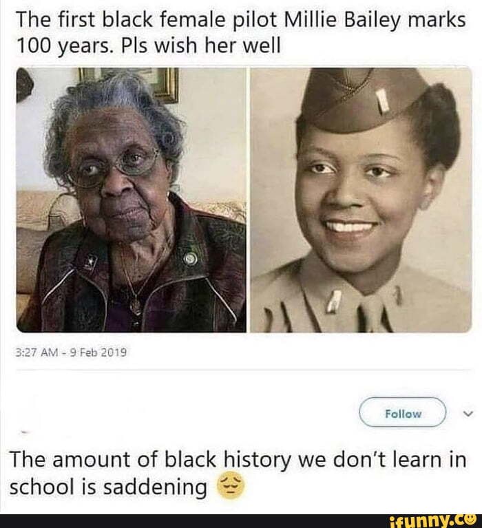 The first black female pilot Millie Bailey marks 100 years. Pls wish ...