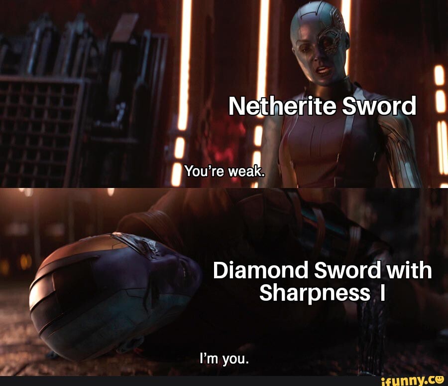 Netherite Sword You're weak. Diamond Sword with Sharpness I I'm you ...
