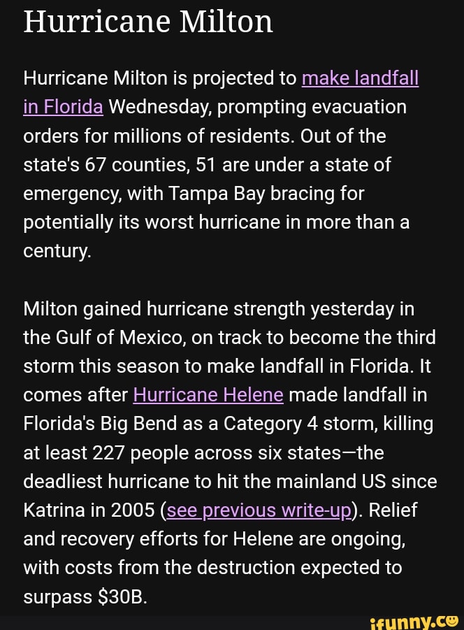 Hurricane Milton Hurricane Milton is projected to make landfall in ...