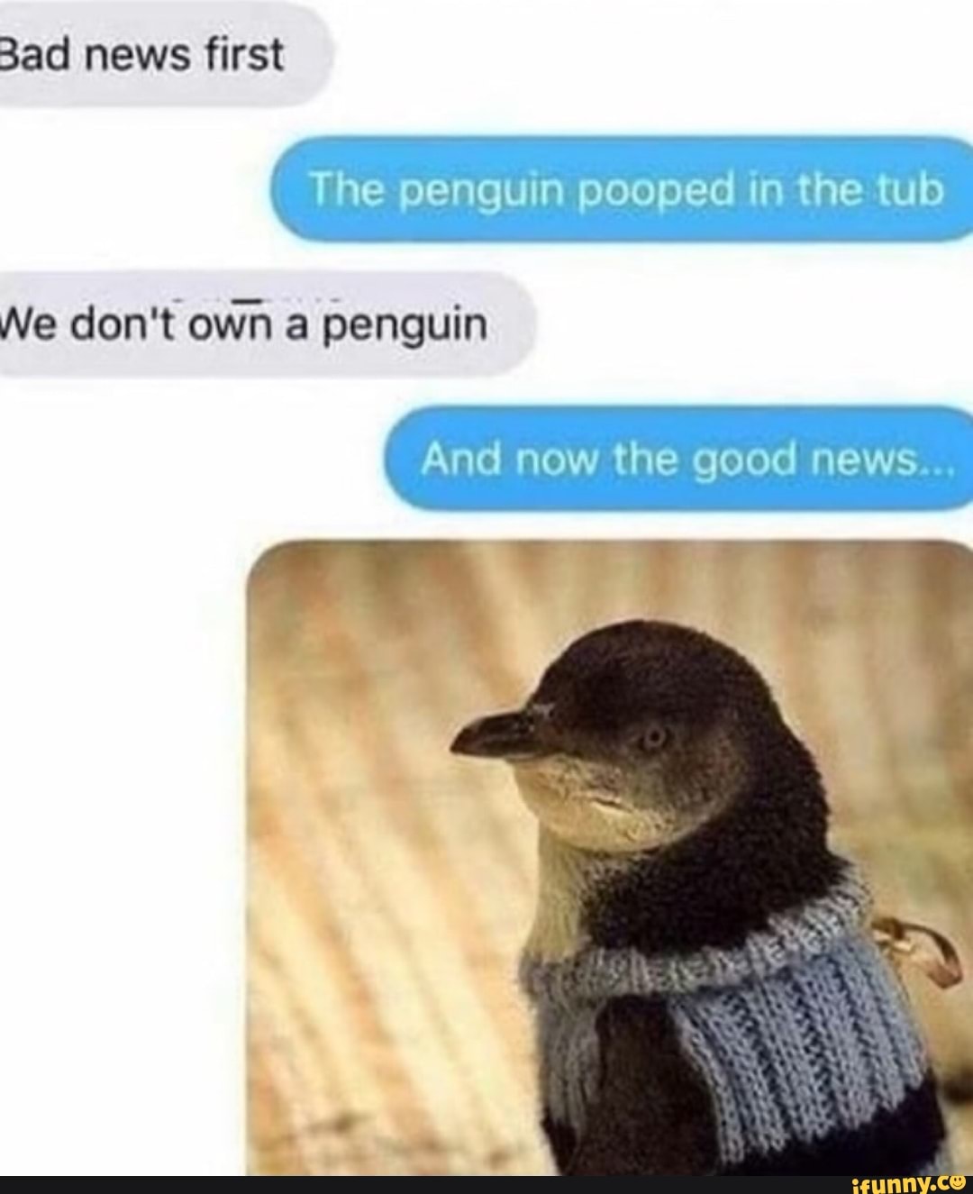 News first The penguin pooped in the tub Ne don't own a penguin And now ...