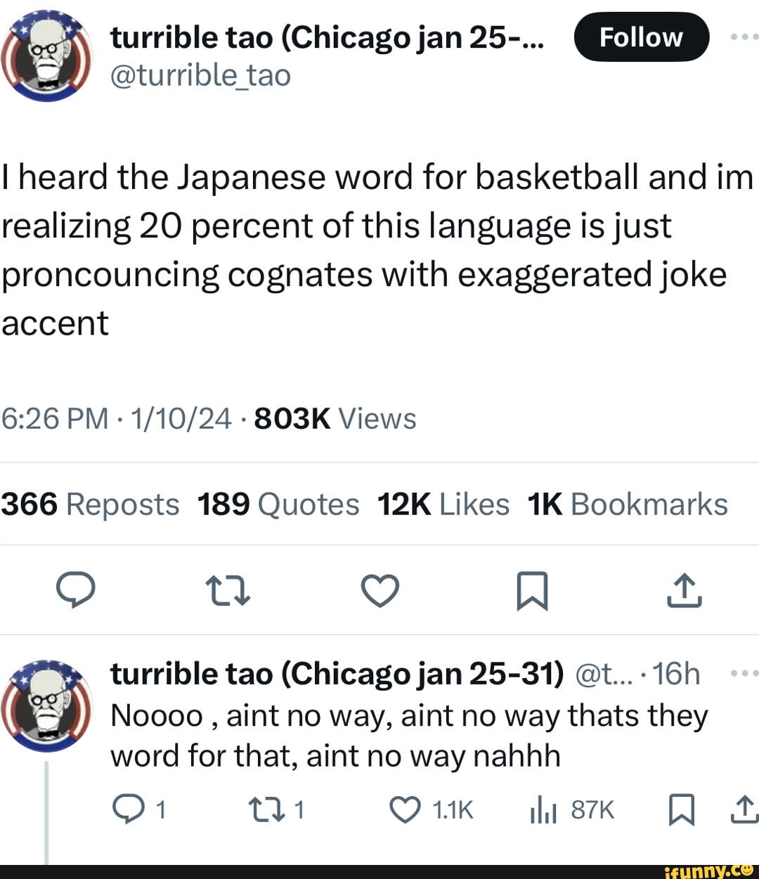 Turrible tao (Chicago jan 25-... Follow I heard the Japanese word for ...