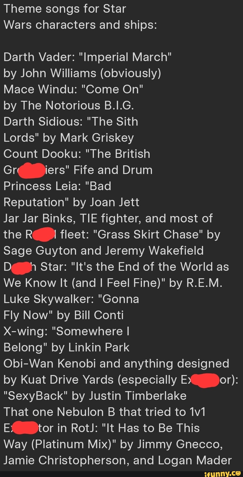 Theme songs for Star Wars characters and ships: Darth Vader: "Imperial ...
