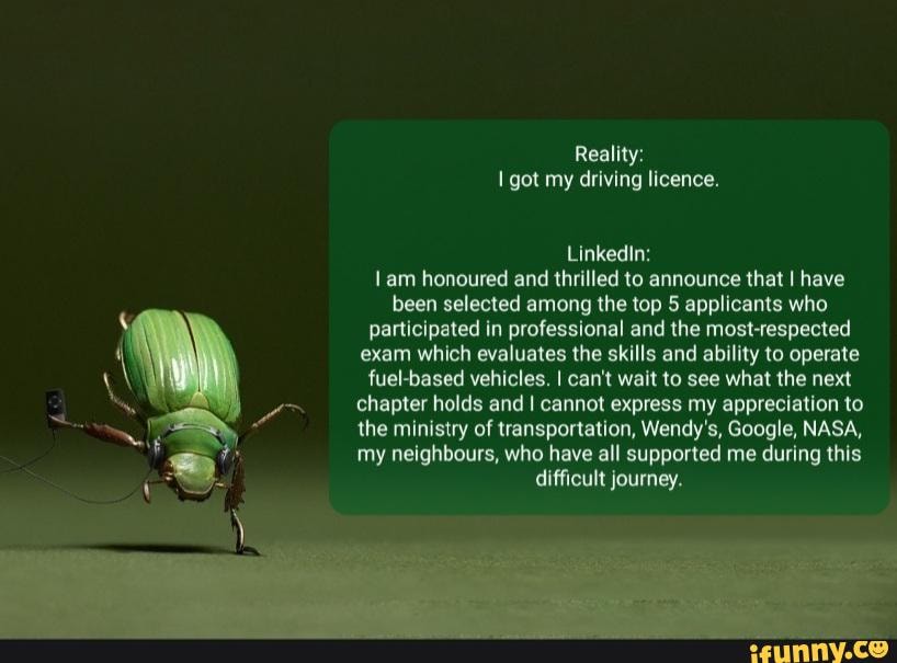 Reality: got my driving licence. LinkedIn: lam honoured and thrilled to ...