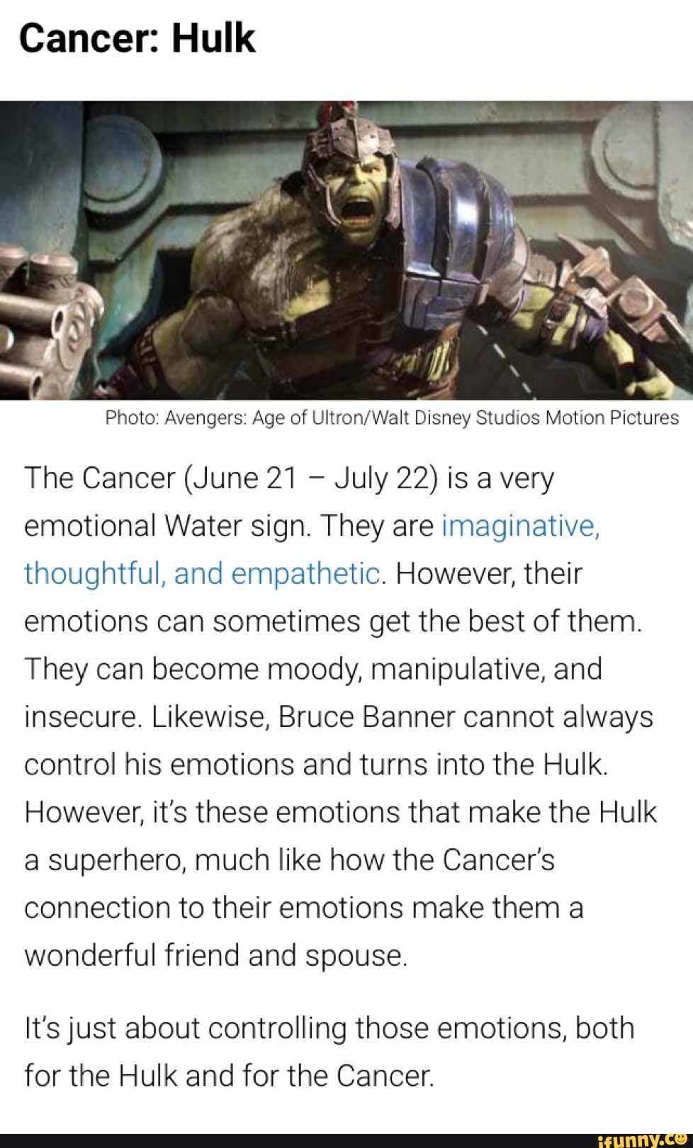 Cancer: Hulk Photo: Avengers: Age of Ultron/Walt Disney Studios Motion ...