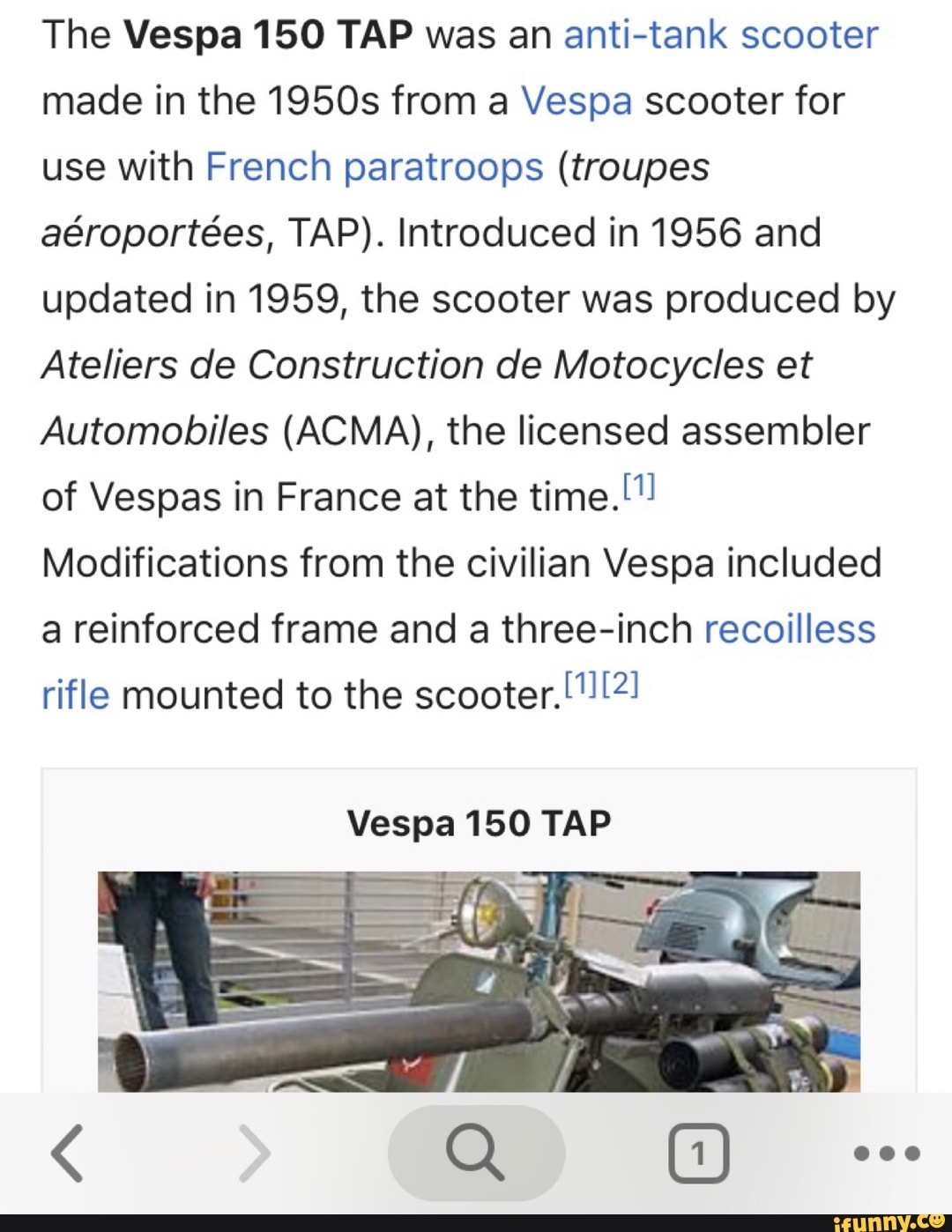 The Vespa 150 TAP was an anti-tank scooter made in the 19505 from a ...