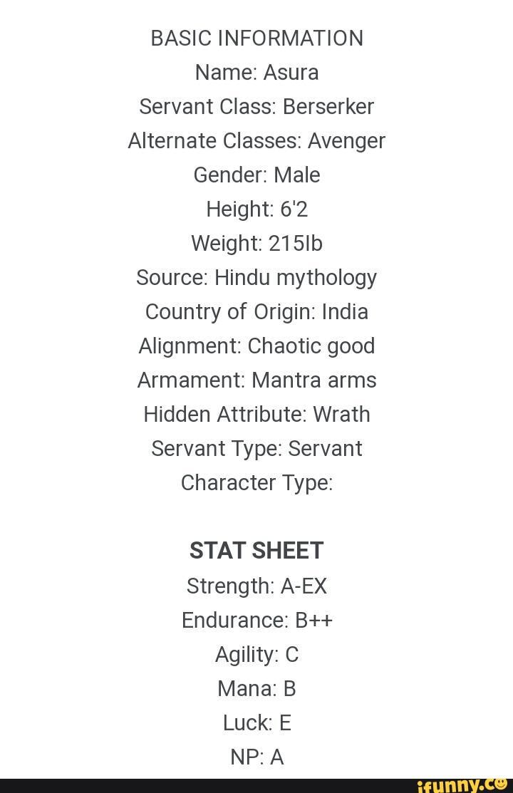 Asura Fgo Fanservant(Not my creation) - BASIC INFORMATION Name: Asura ...