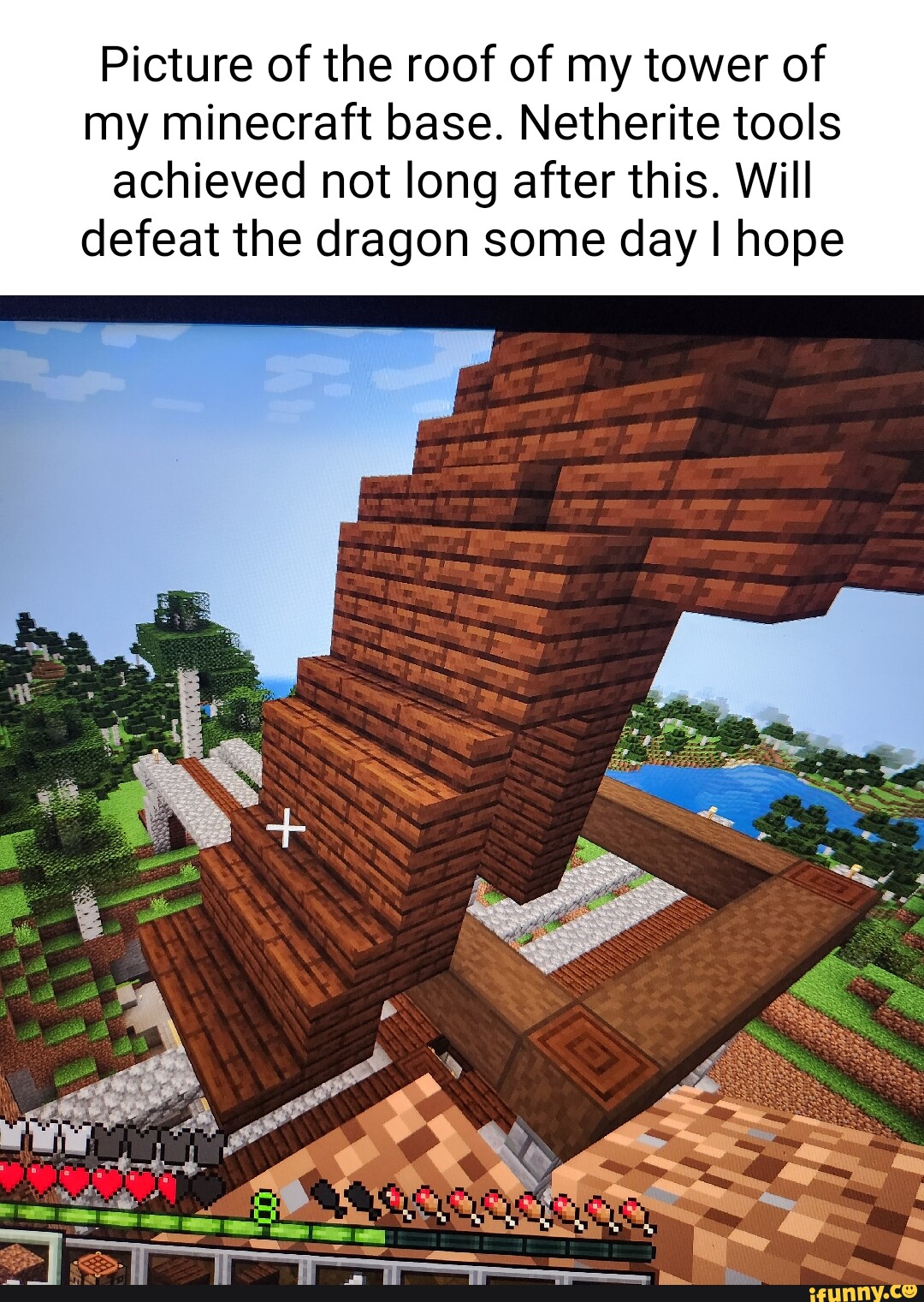 Picture of the roof of my tower of my minecraft base. Netherite tools ...