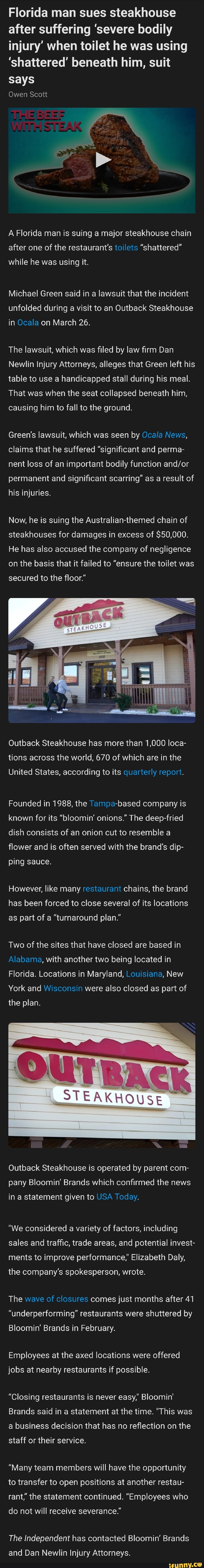 Florida man sues steakhouse after suffering 'severe bodily injury' when ...