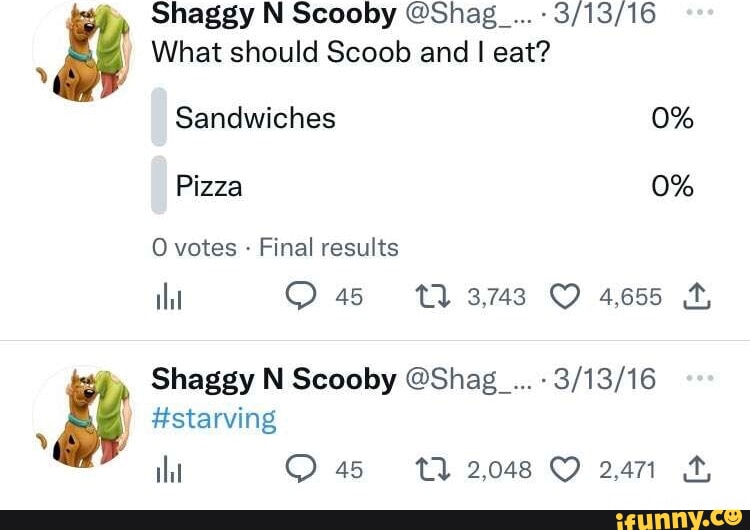 Shaggy N Scooby @Shag_...- What should Scoob and I eat? Sandwiches 0% ...