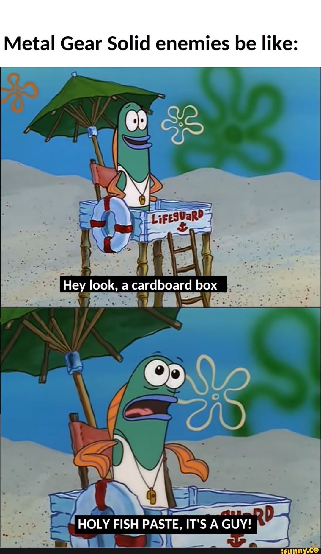 Metal Gear Solid enemies be like: Hey look, a cardboard box HOLY FISH ...