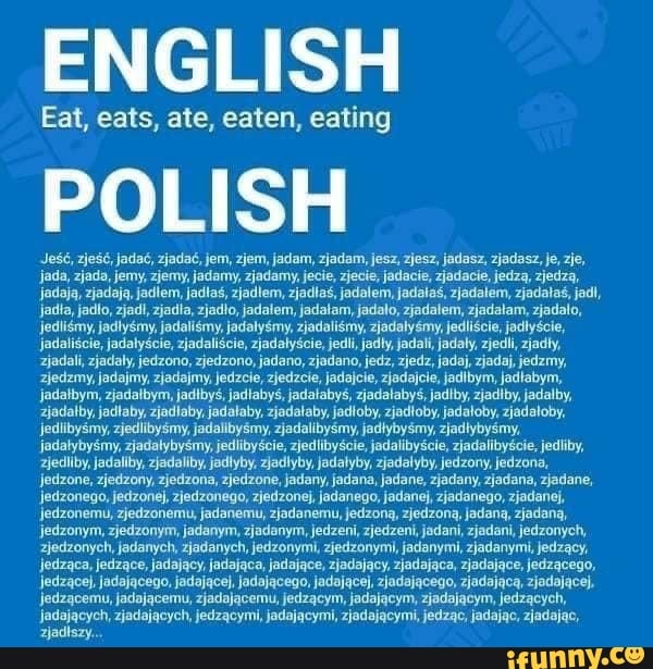 ENGLISH Eat Eats Ate Eaten Eating POLISH Red Jem Zjem Jadam