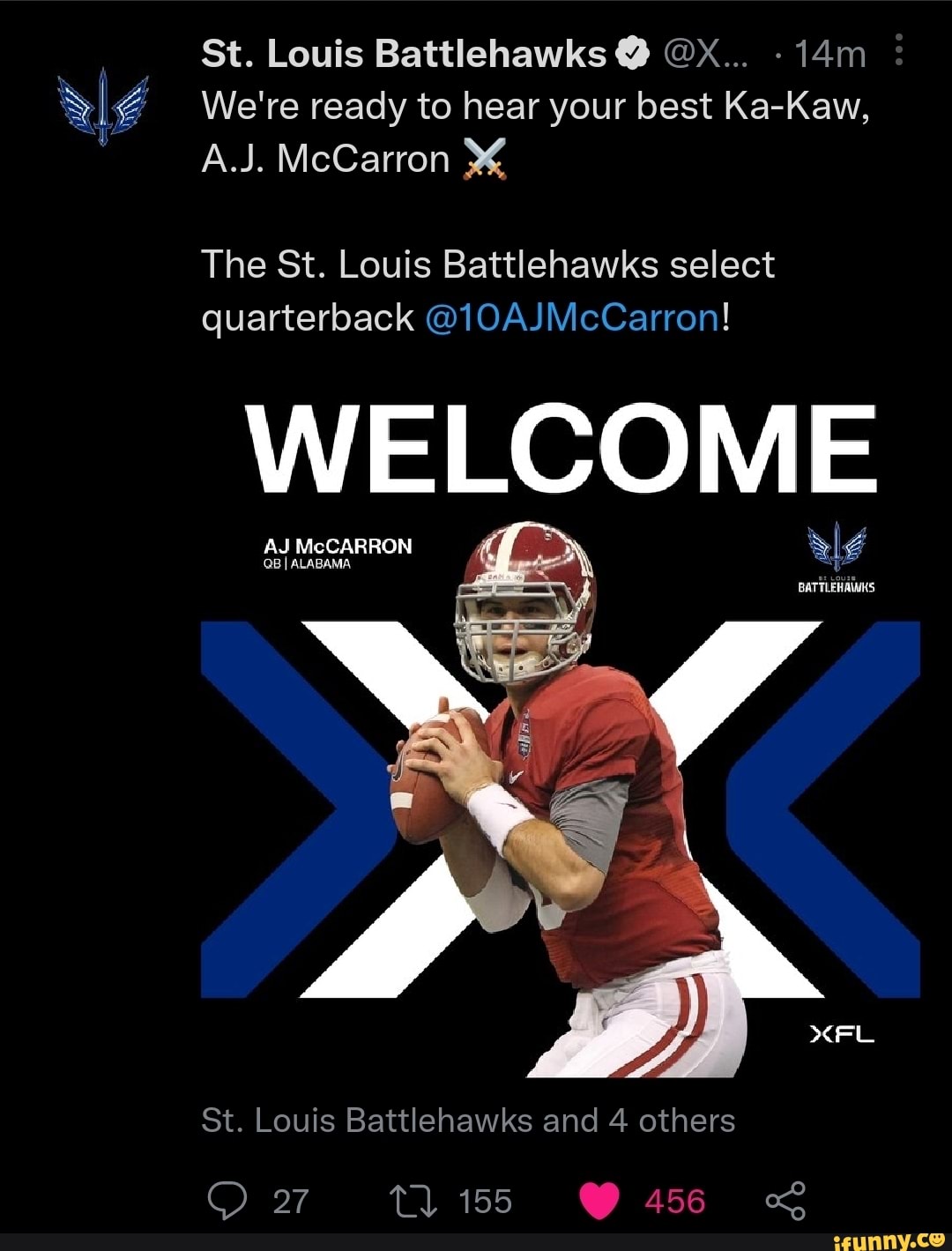 St. Louis Battlehawks @ @X... We're ready to hear your best Ka-Kaw, A.J ...