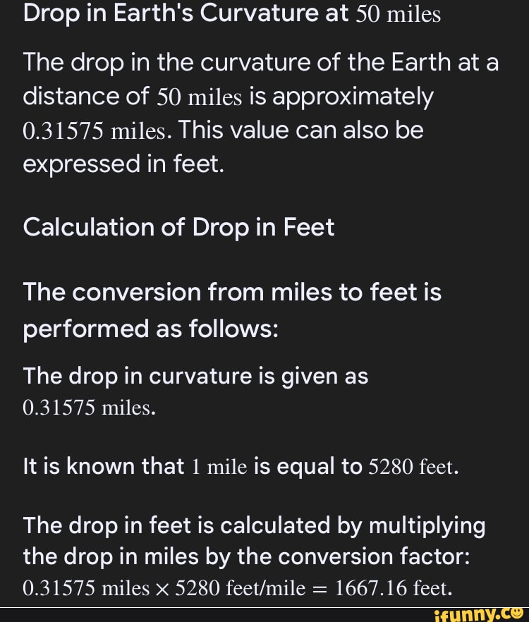 Drop in Earth's Curvature at 50 miles The drop in the curvature of the ...