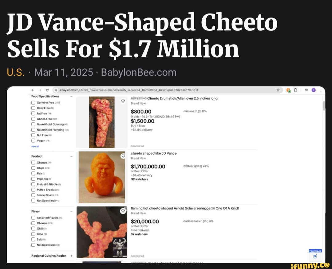 JD Vance-Shaped Cheeto Sells For $1.7 Million - iFunny