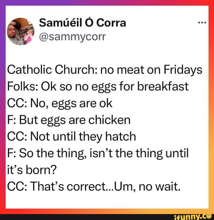 Cona Catholic Church: no meat on Fridays Folks: Ok so no eggs for ...