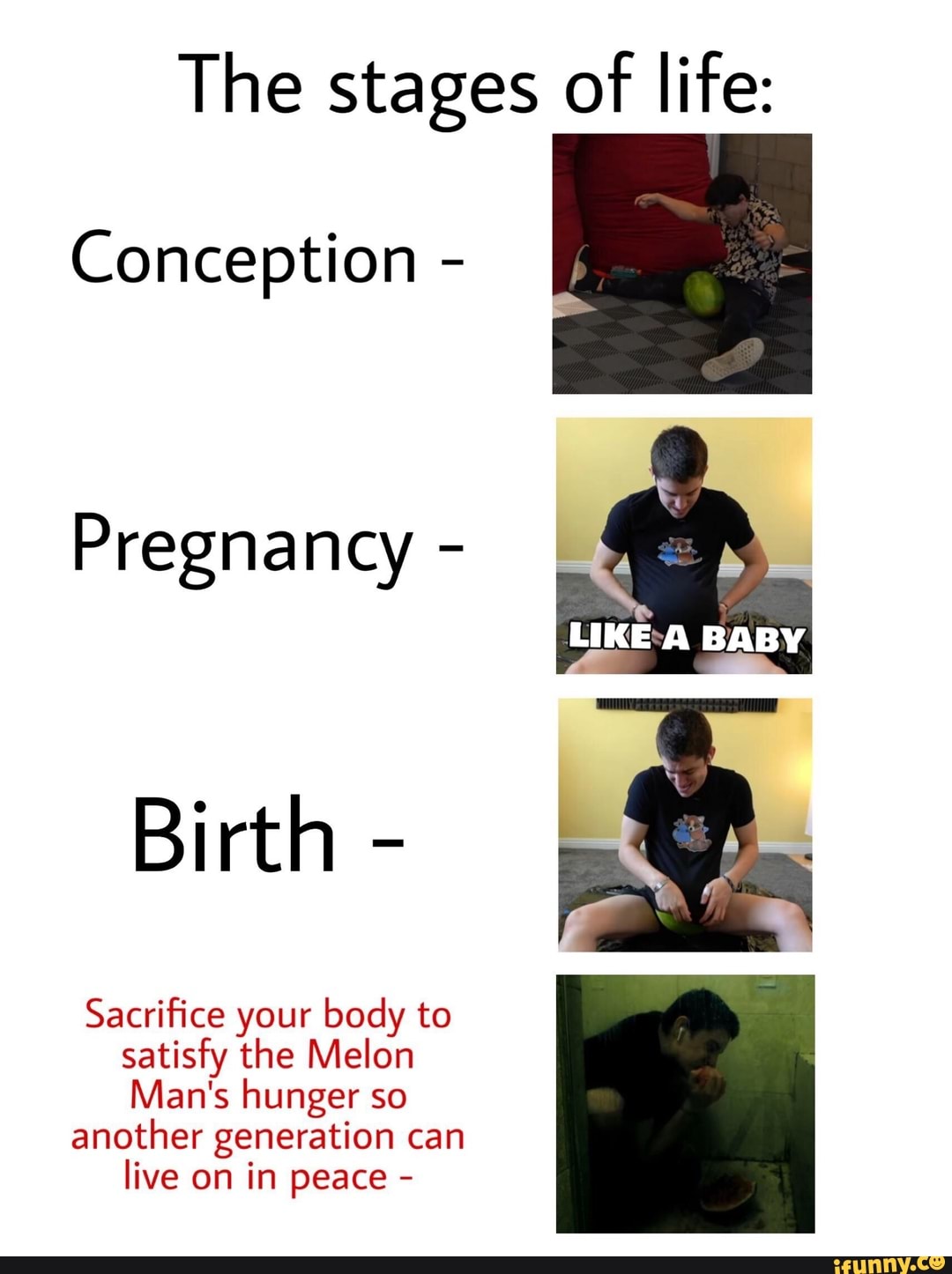 The stages of life: Conception Pregnancy Birth Sacrifice your body to ...