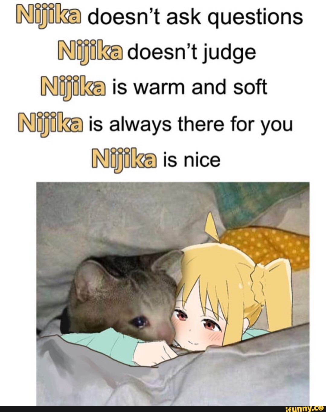 Nijika doesn't ask questions Nijila doesn't judge is warm and soft is ...