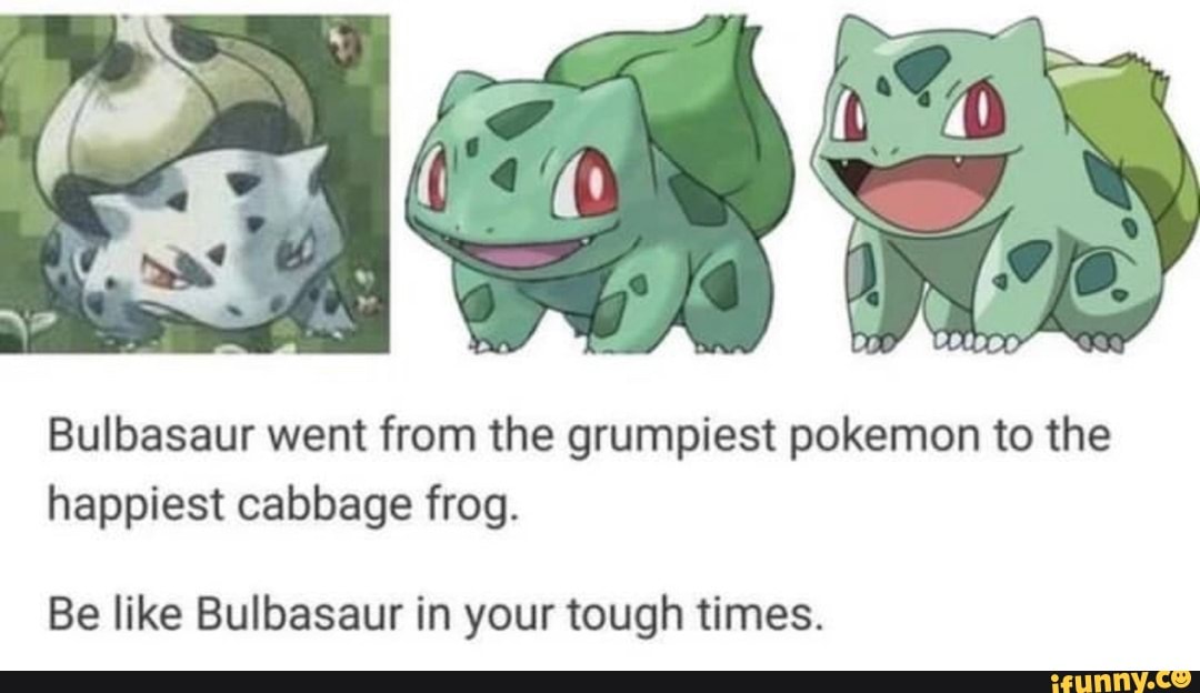 Bulbasaur went from the grumpiest pokemon to the happiest cabbage frog ...