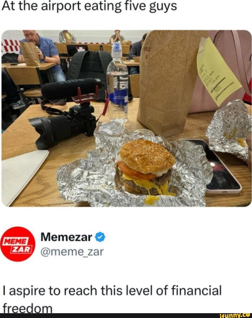 At the airport eating five guys ZAR Memezar @ @meme zar I aspire to ...
