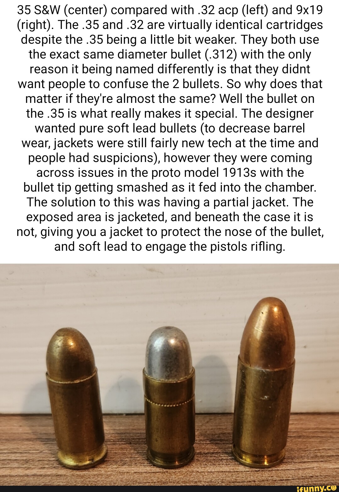 35 (center) compared with .32 acp (left) and 9x19 (right). The .35 and ...