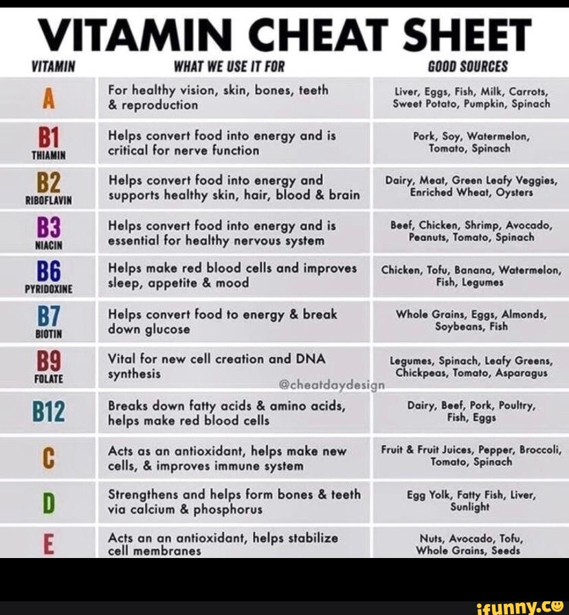 VITAMIN CHEAT SHEET VITAMIN Bi THIAMIN RIBOFLAVIN WIACIN PYRIDOXINE ...