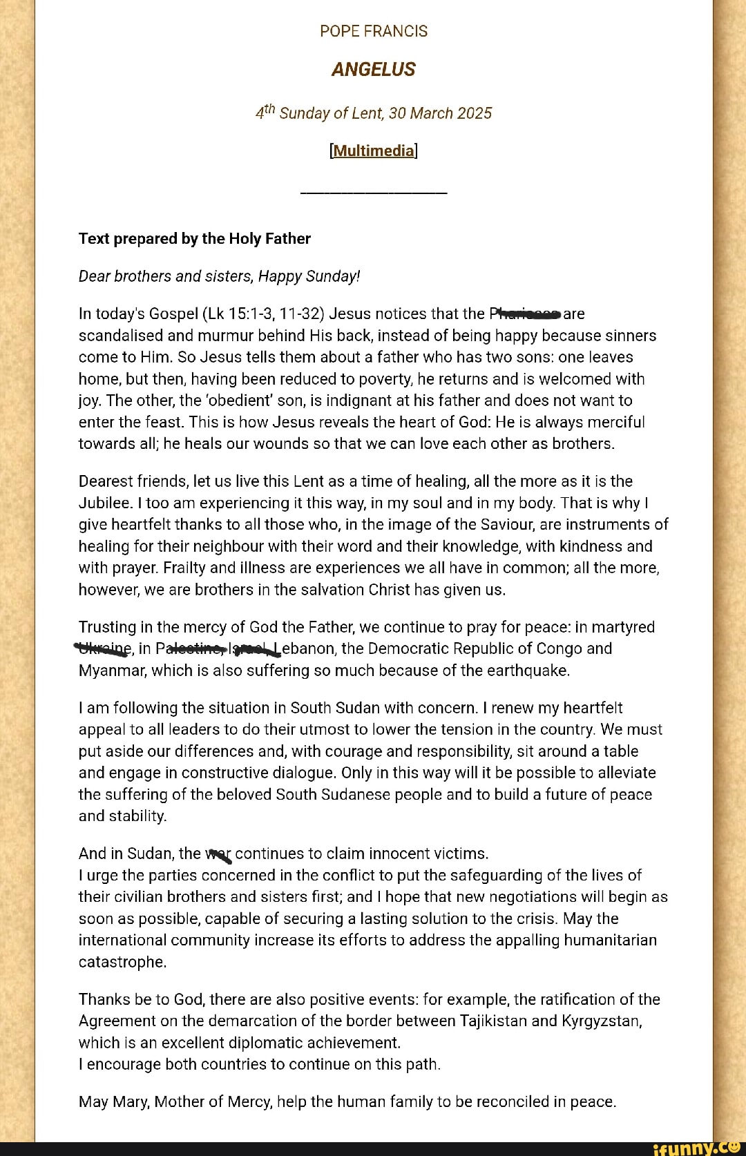 POPE FRANCIS ANGELUS Sunday of Lent, 30 March 2025 Multimedia Text ...