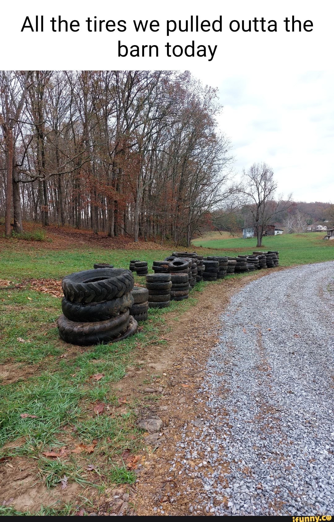 All the tires we pulled outta the barn today - iFunny