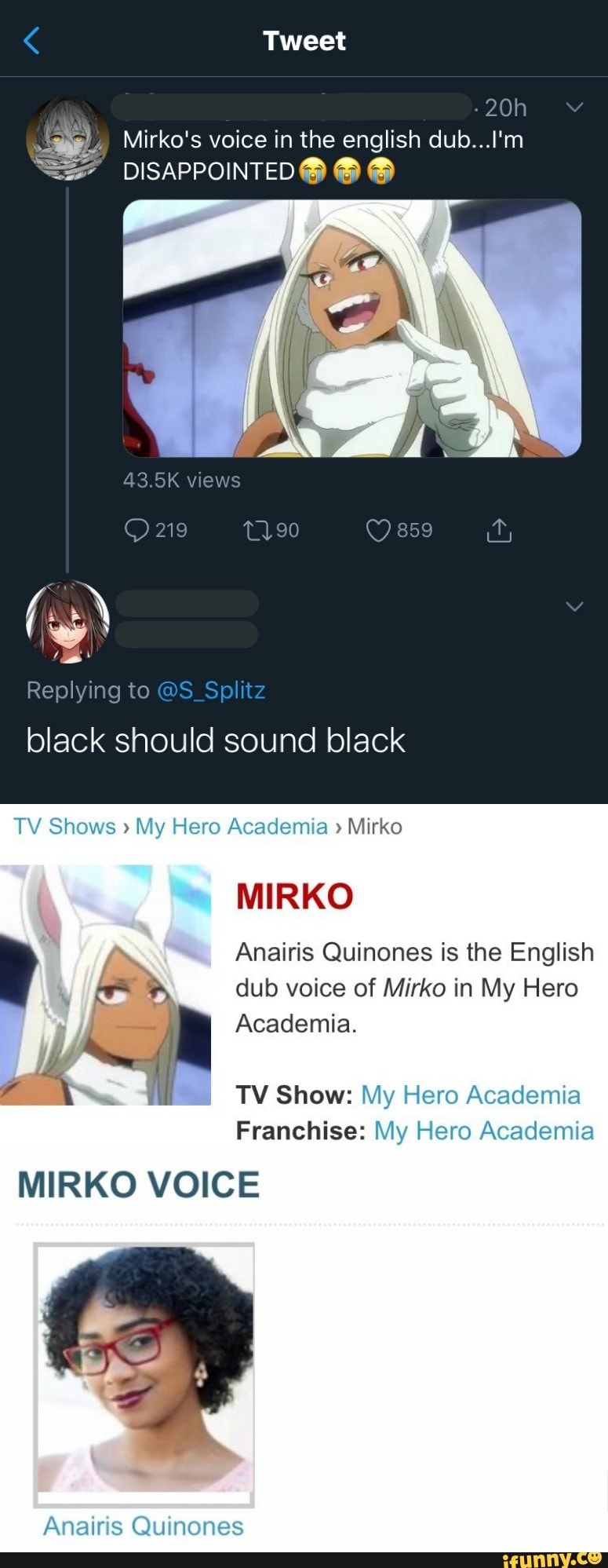Mirko's voice in the english dub...I'm DISAPPOINTED O O black should ...