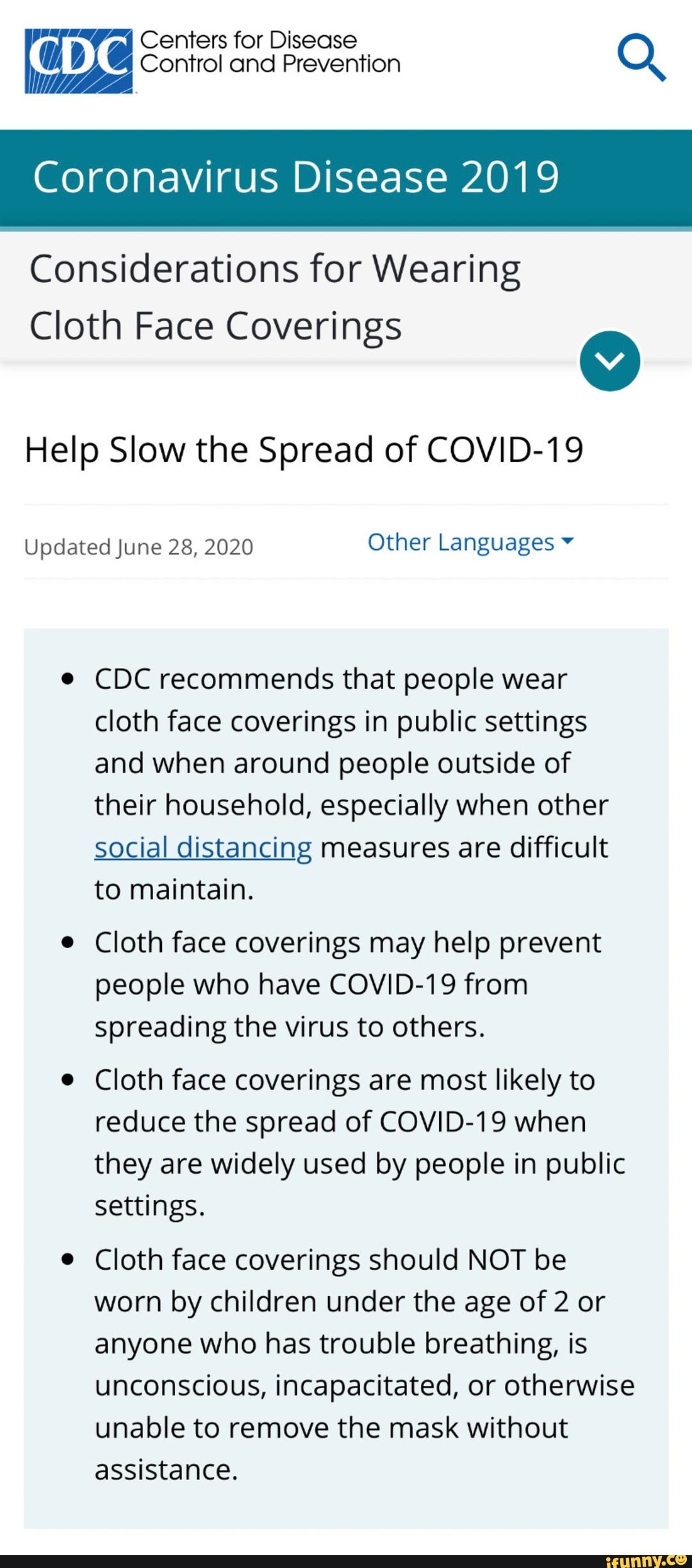 Coronavirus Disease 2019 Considerations for Wearing Cloth Face ...