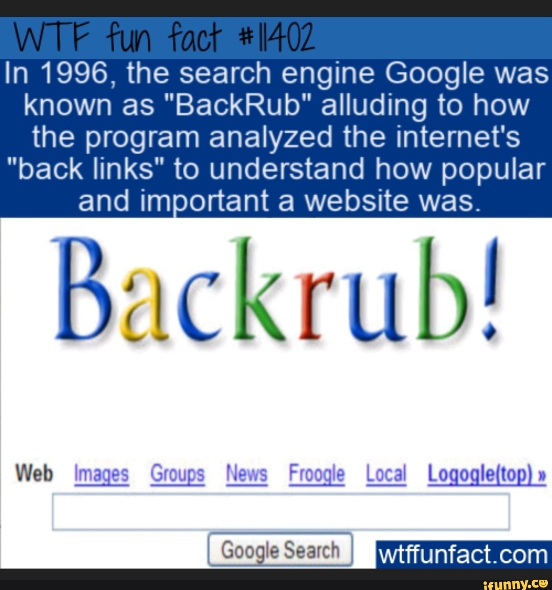 WT fun In 1996, the search engine Google was known as "BackRub ...