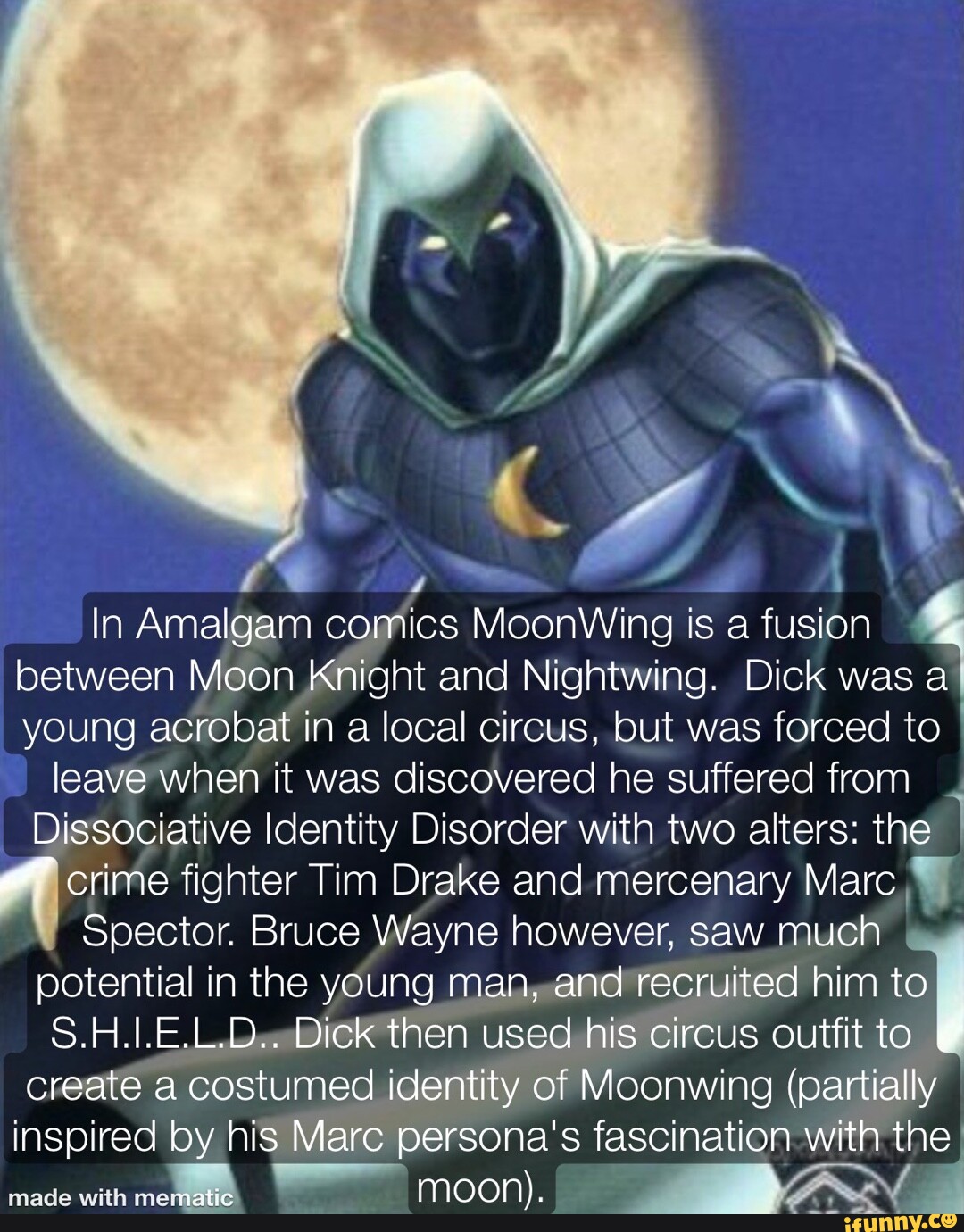 In Amalgam comics MoonWing is fusion between Moon Knight and Nightwing ...