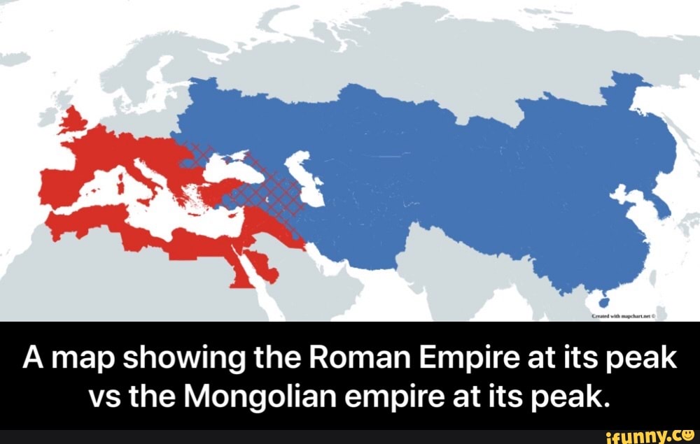 A map showing the Roman Empire at its peak vs the Mongolian empire at ...